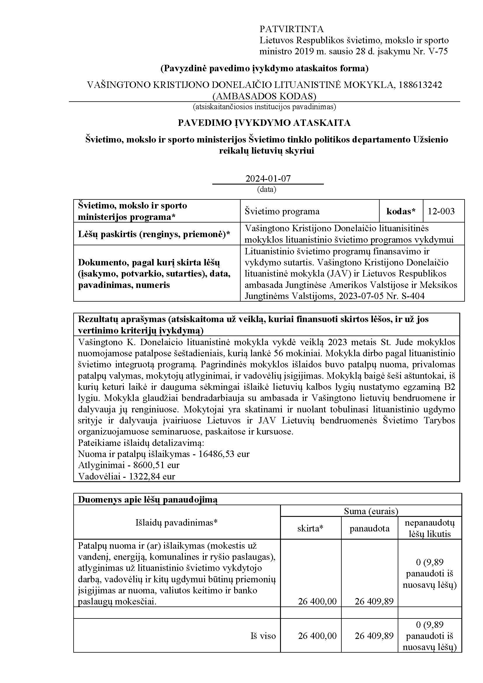 Ataskaita | Kristijono Donelaičio Lituanistinė Mokykla